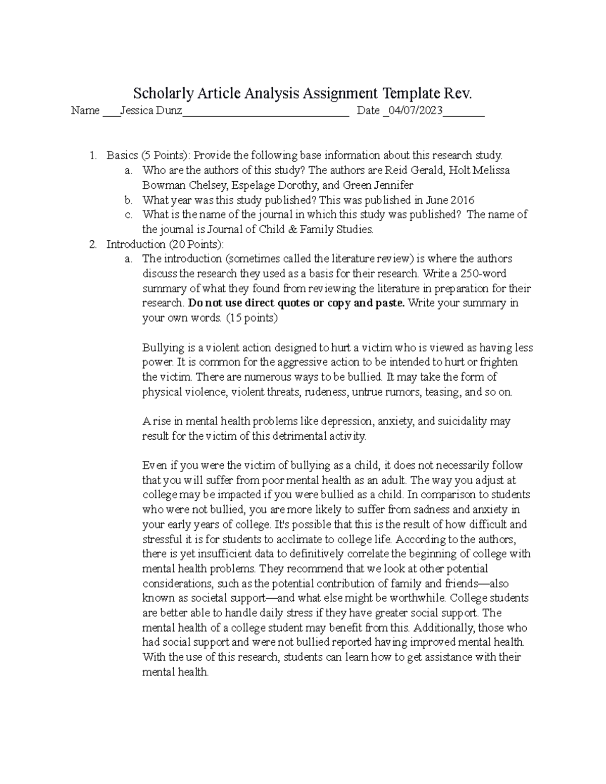 DUNZ M04 Scholarly Article Analysis Assignment - Scholarly Article Analysis Assignment Template ...