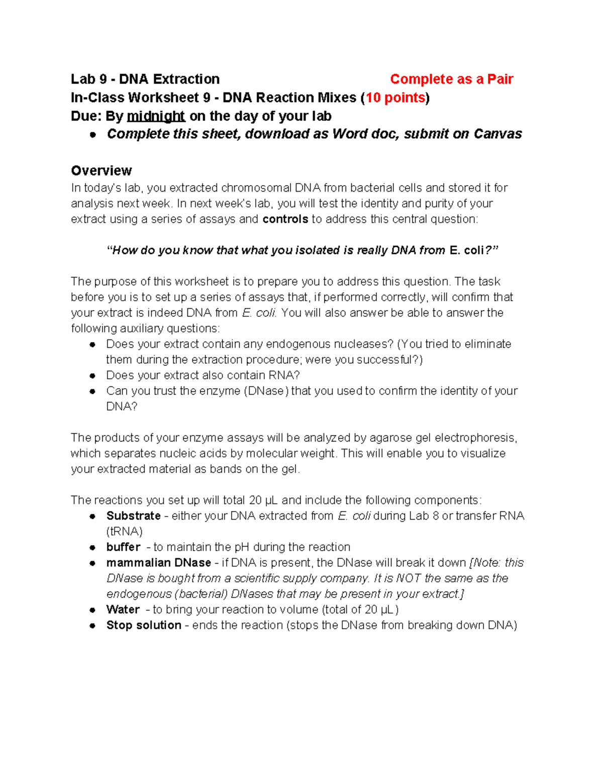 Lab 9 In-Class worksheet ed - Lab 9 - DNA Extraction Complete as a Pair ...