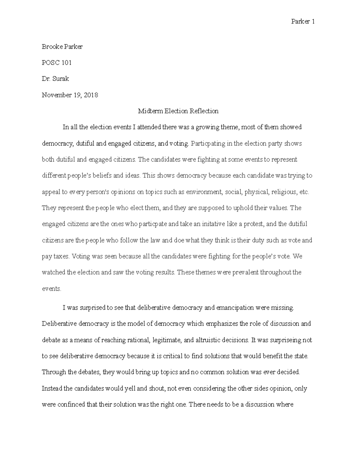 Mideterm Election Reflection - Parker 1 Brooke Parker POSC 101 Dr ...