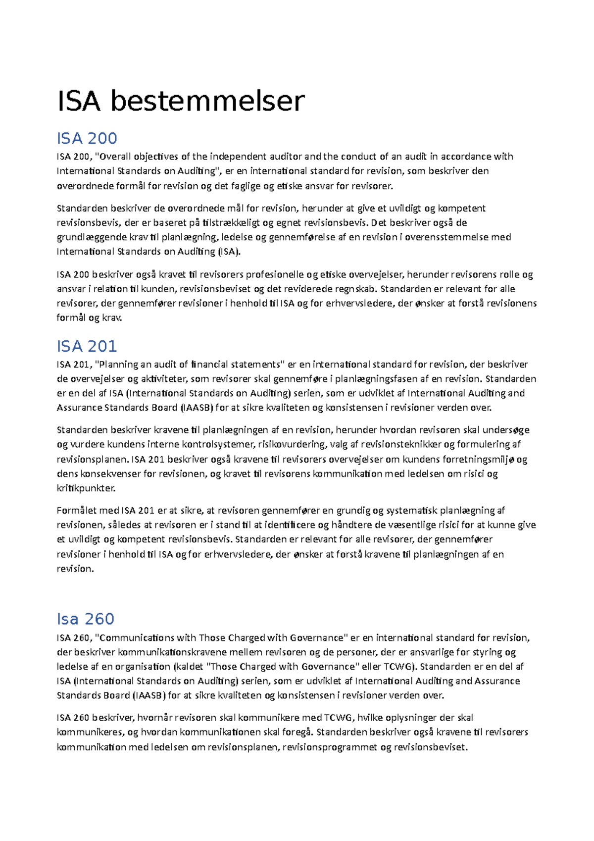 ISA 200 til 265 - Beskrivelse af ISA 200 til ISA 265 - ISA bestemmelser ...