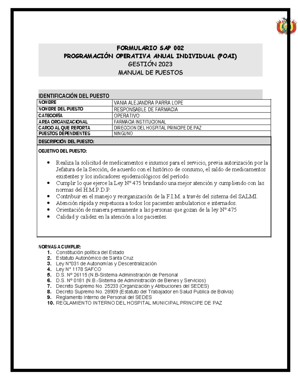 Formulario POAI Vania 2023 - FORMULARIO SAP 002 PROGRAMACIÓN OPERATIVA ...