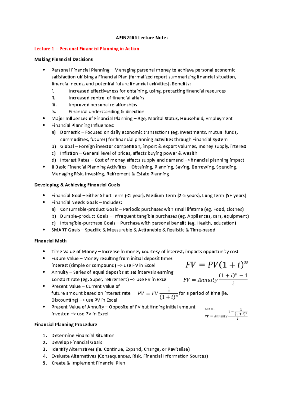 AFIN2000 Lecture Notes - Lecture Notes Lecture 1 Personal Financial ...