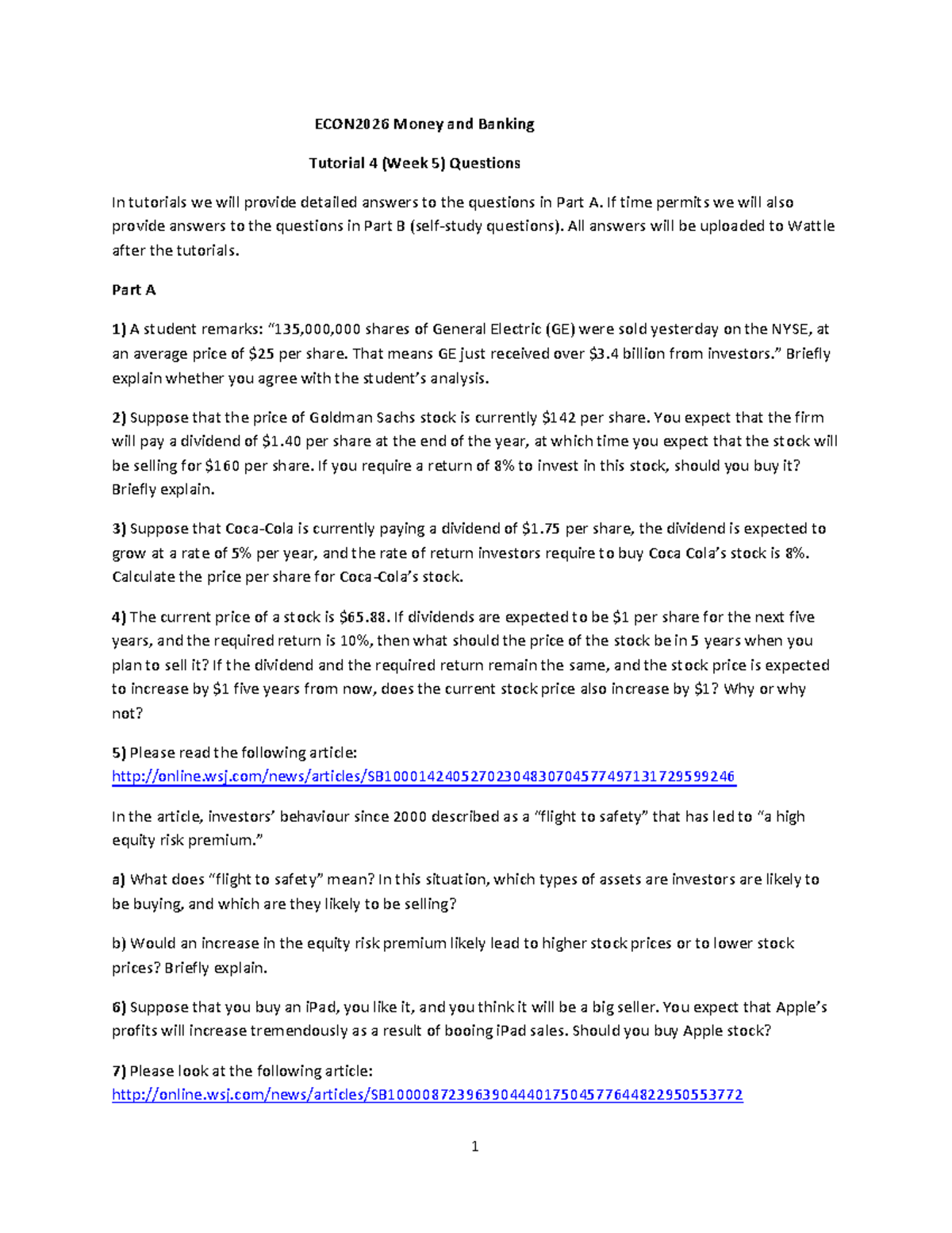 Tutorial 4 Questions - 1 ECON2026 Money and Banking Tutorial 4 (Week 5) Questions In tutorials ...