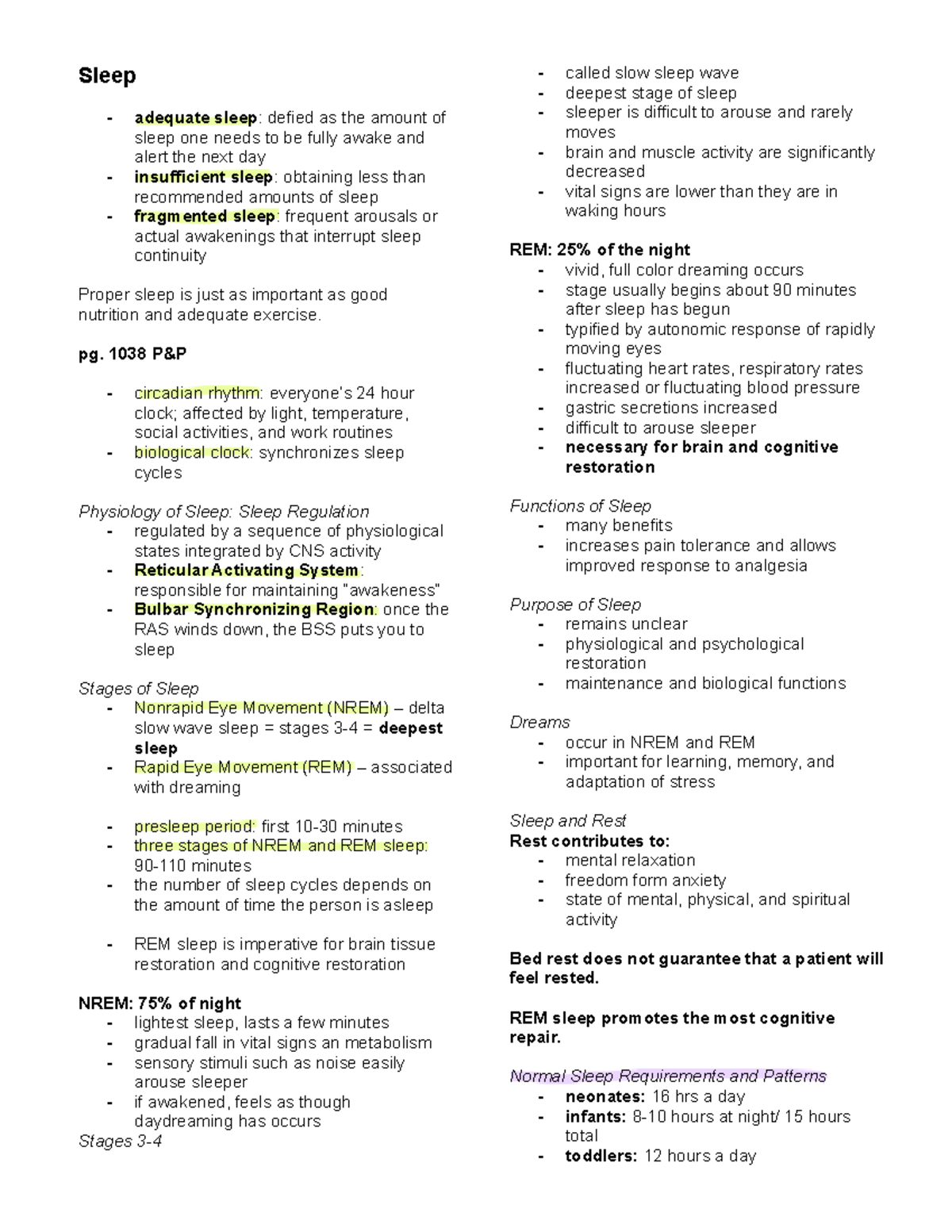 Sleep - lecture notes - Sleep - adequate sleep : defied as the amount ...