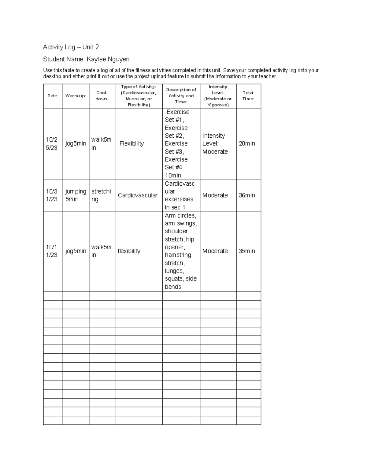Activity Log – Unit 2-2 - Save your completed activity log onto your ...