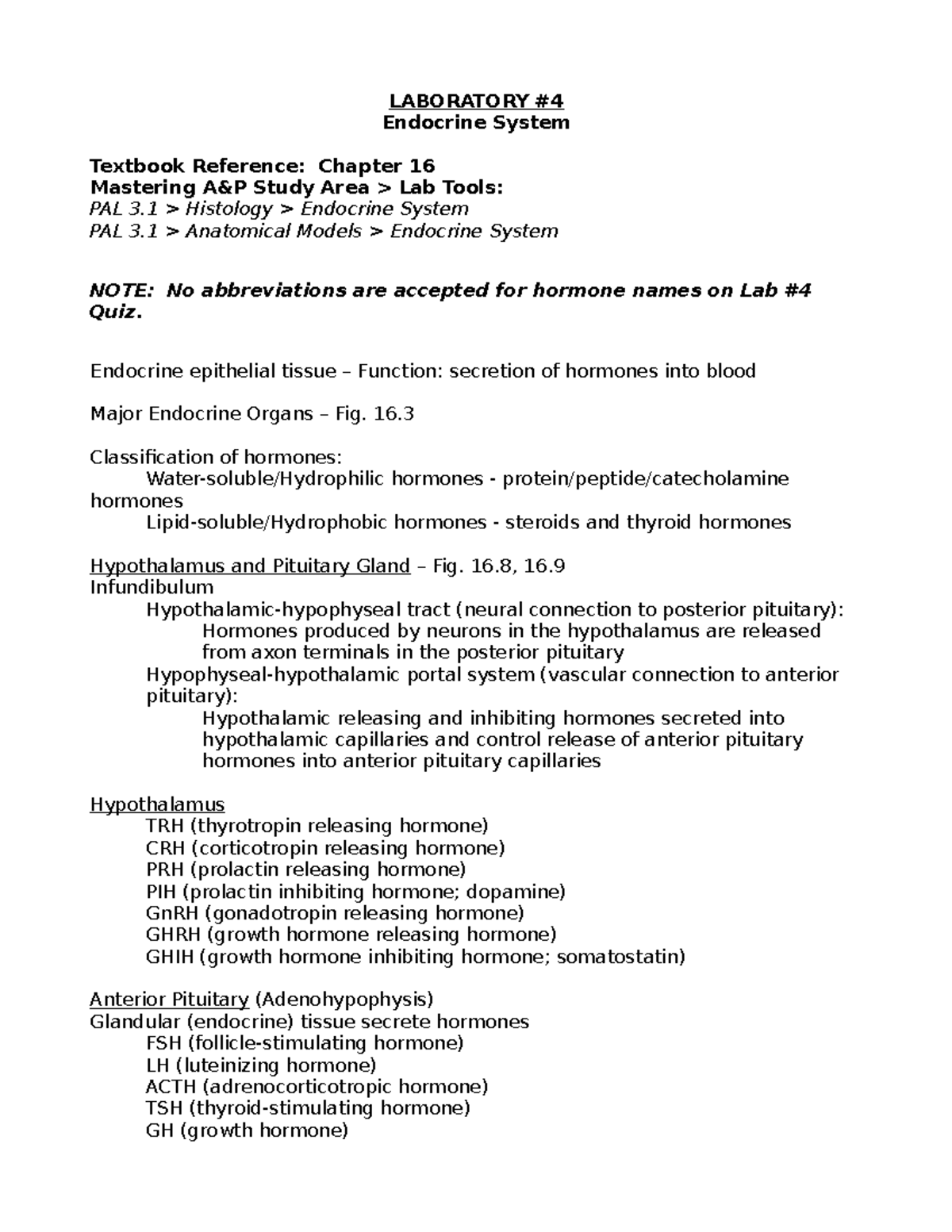 Biology 125 LAB #4 - Endocrine System - LABORATORY Endocrine System ...