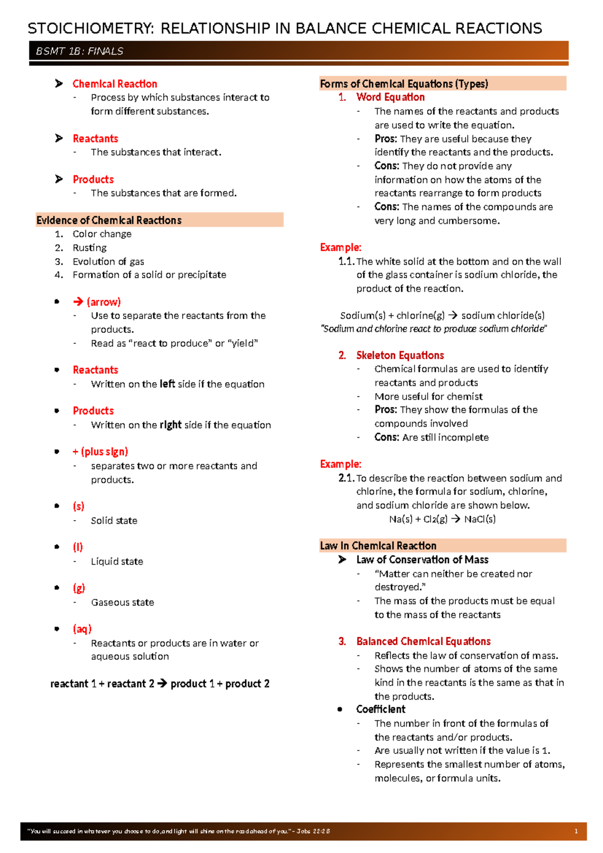 Chemistry stoichiometry - BSMT 1B: FINALS Chemical Reaction - Process ...