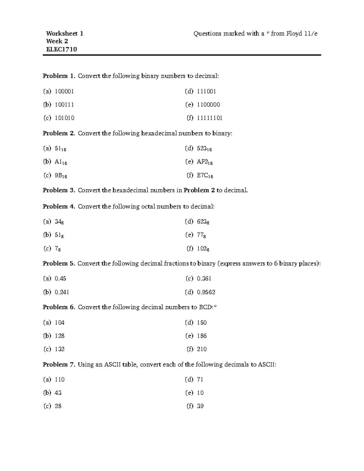 ELEC1710 Worksheet 1-4 - Worksheet 1 Questions marked with a * from Floyd 11/e Problem 3 ...