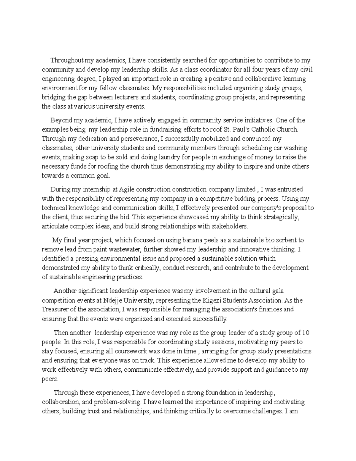Leadership statement - Throughout my academics, I have consistently ...