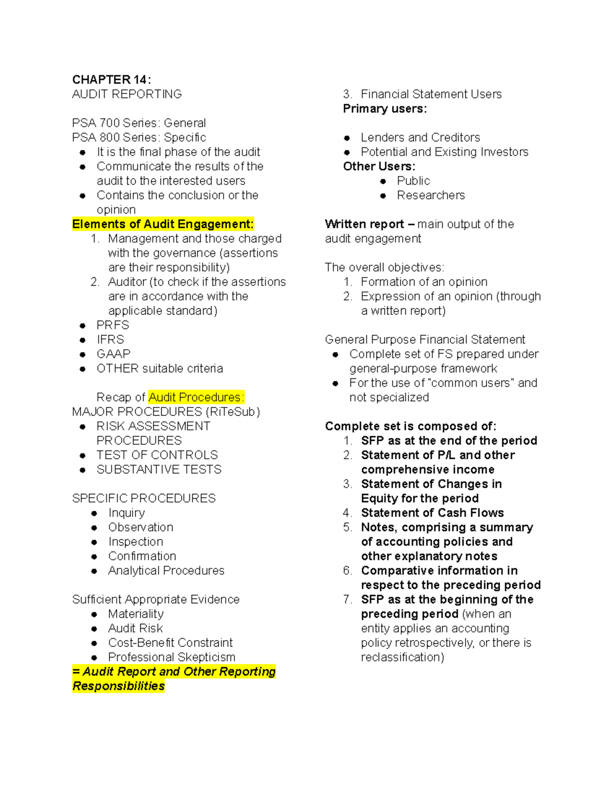 Audit Reviewer - CHAPTER 14: AUDIT REPORTING PSA 700 Series: General PSA 800 Series: Specific It ...