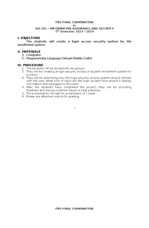 Algorithm - LECTURE - PRE-FINAL EXAMINATION in AL 101 – ALGORITHM AND COMPLEXITY 1 ST Semester ...