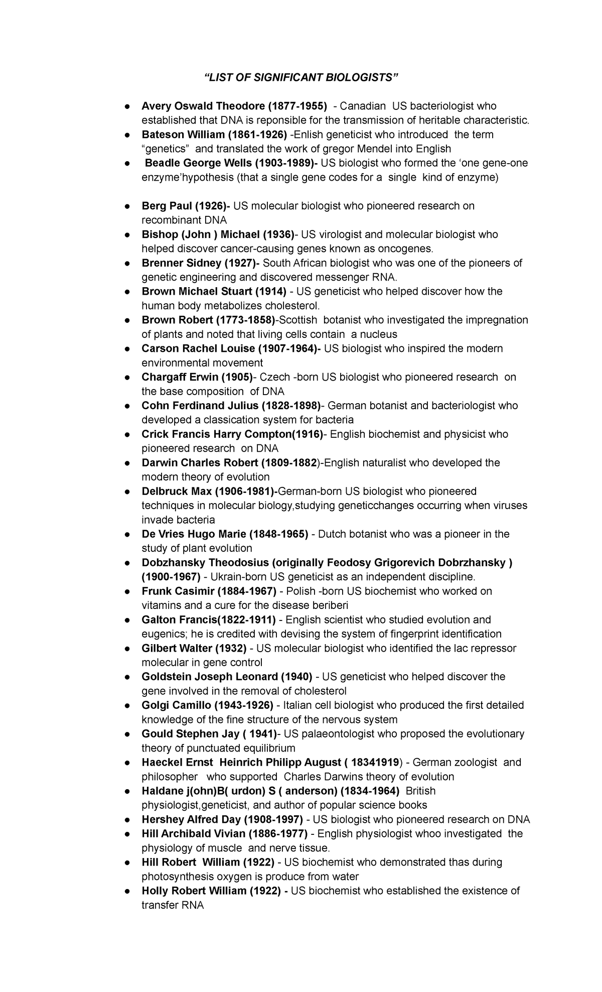LIST OF Significant Biologists - “LIST OF SIGNIFICANT BIOLOGISTS” Avery ...