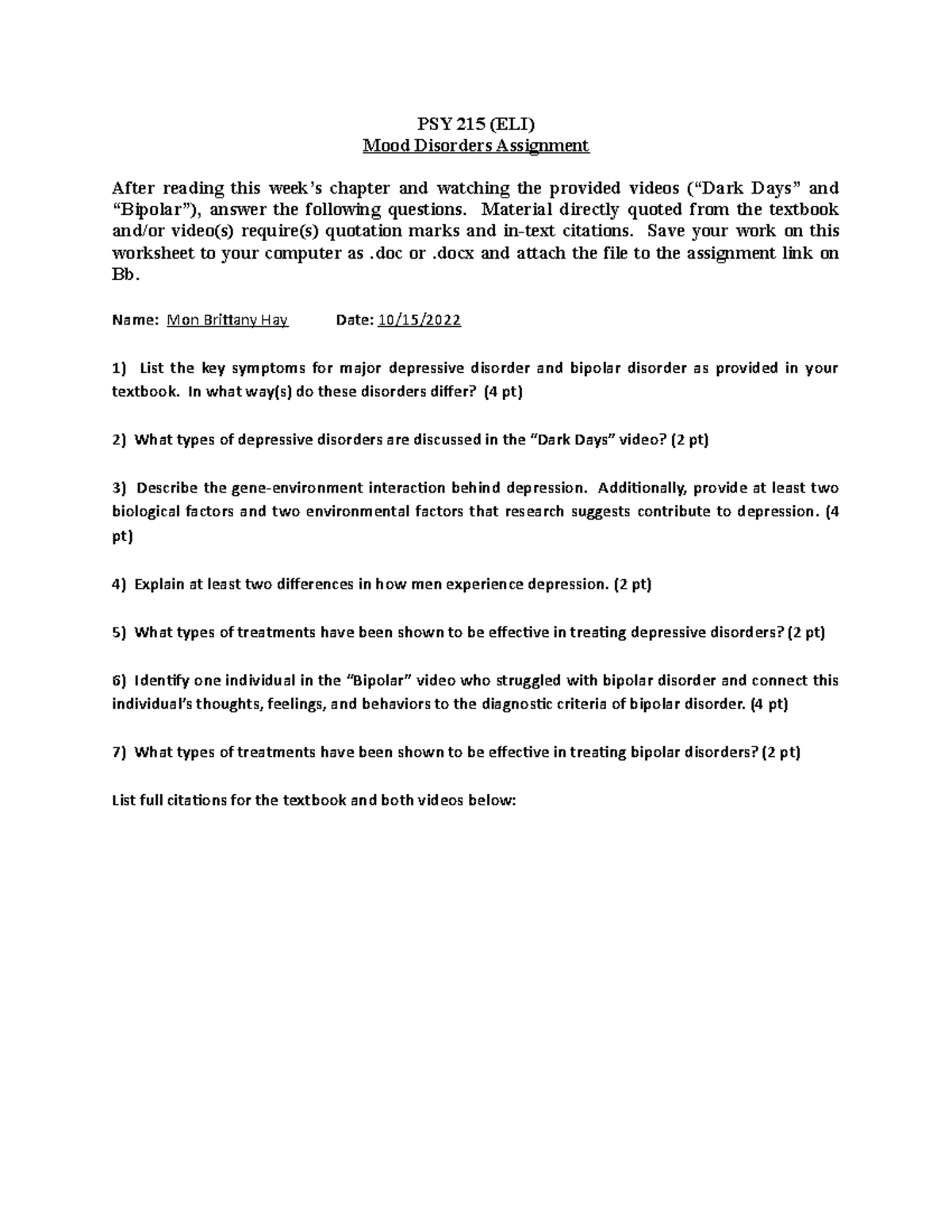 Mood Disorders PSY-215 - Mood Disorders AssignmentPSY 215 (ELI) After ...