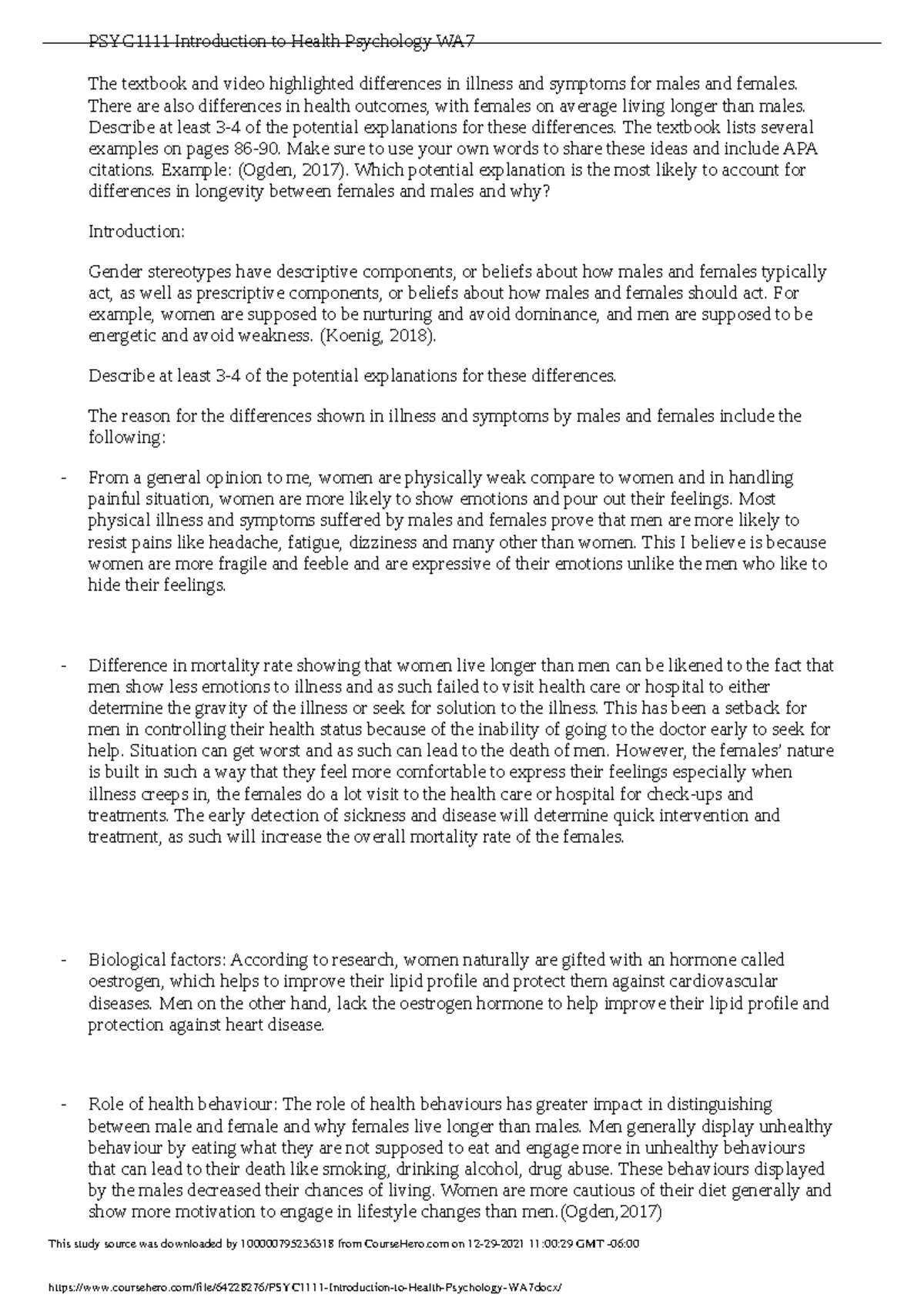 PSYC1111 Introduction to Health Psychology WA7 - Computer science - Studocu