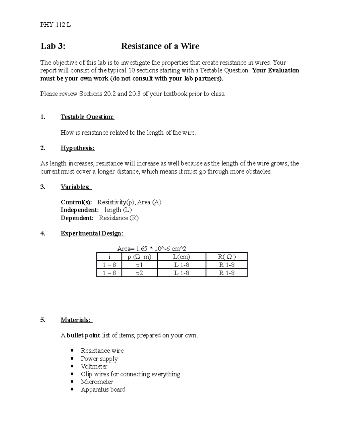 Phy112l - lab3 resistance wire - Lab 3: Resistance of a Wire The ...
