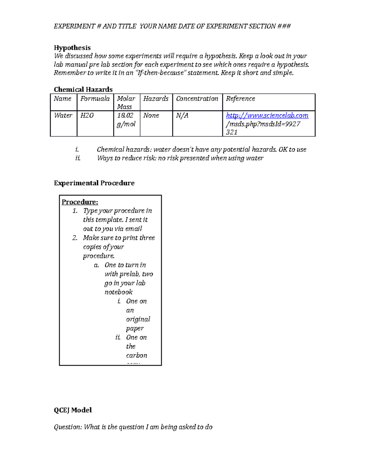 Prelab Sample - EXPERIMENT # AND TITLE YOUR NAME DATE OF EXPERIMENT ...