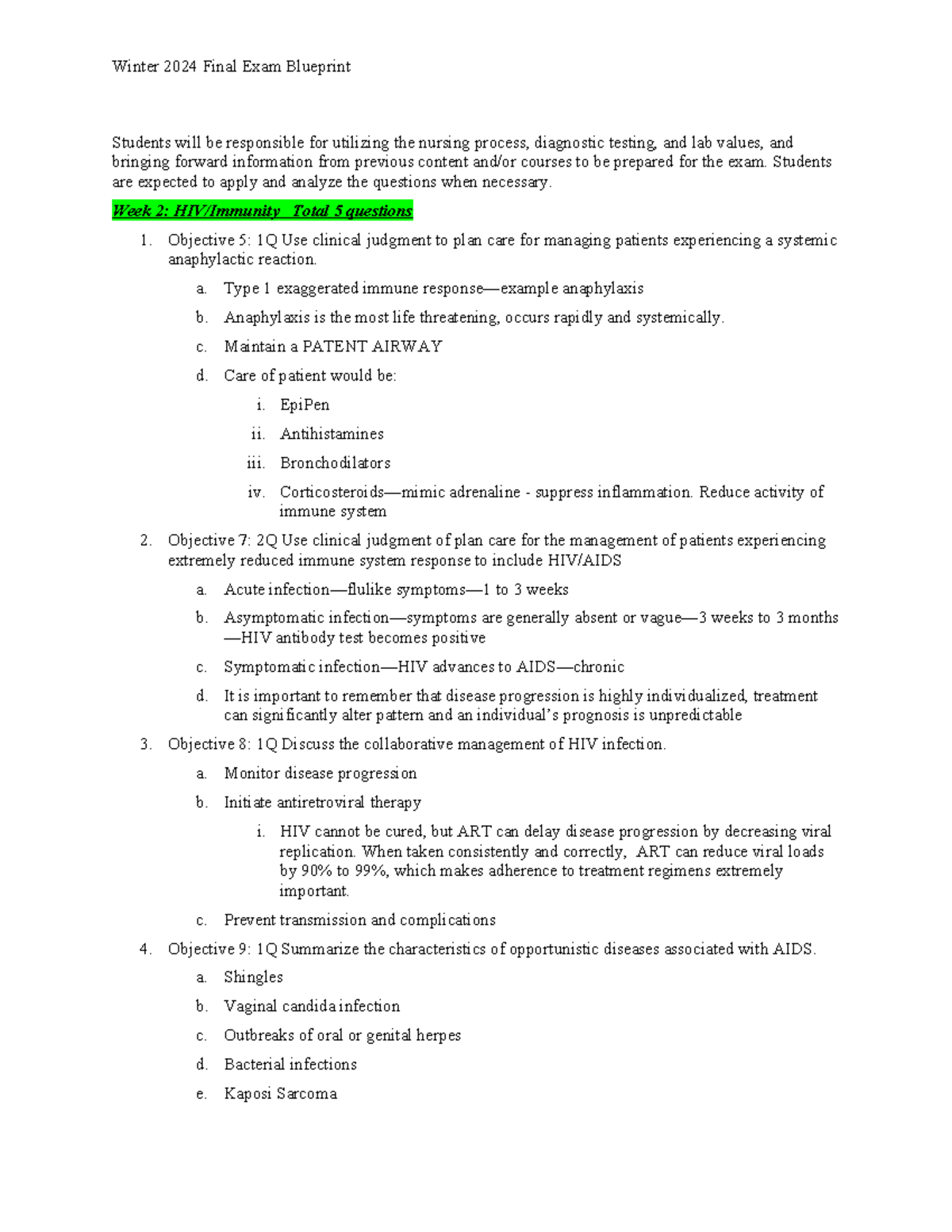 NSG 119 Final Exam Grid 2024 - Students will be responsible for ...