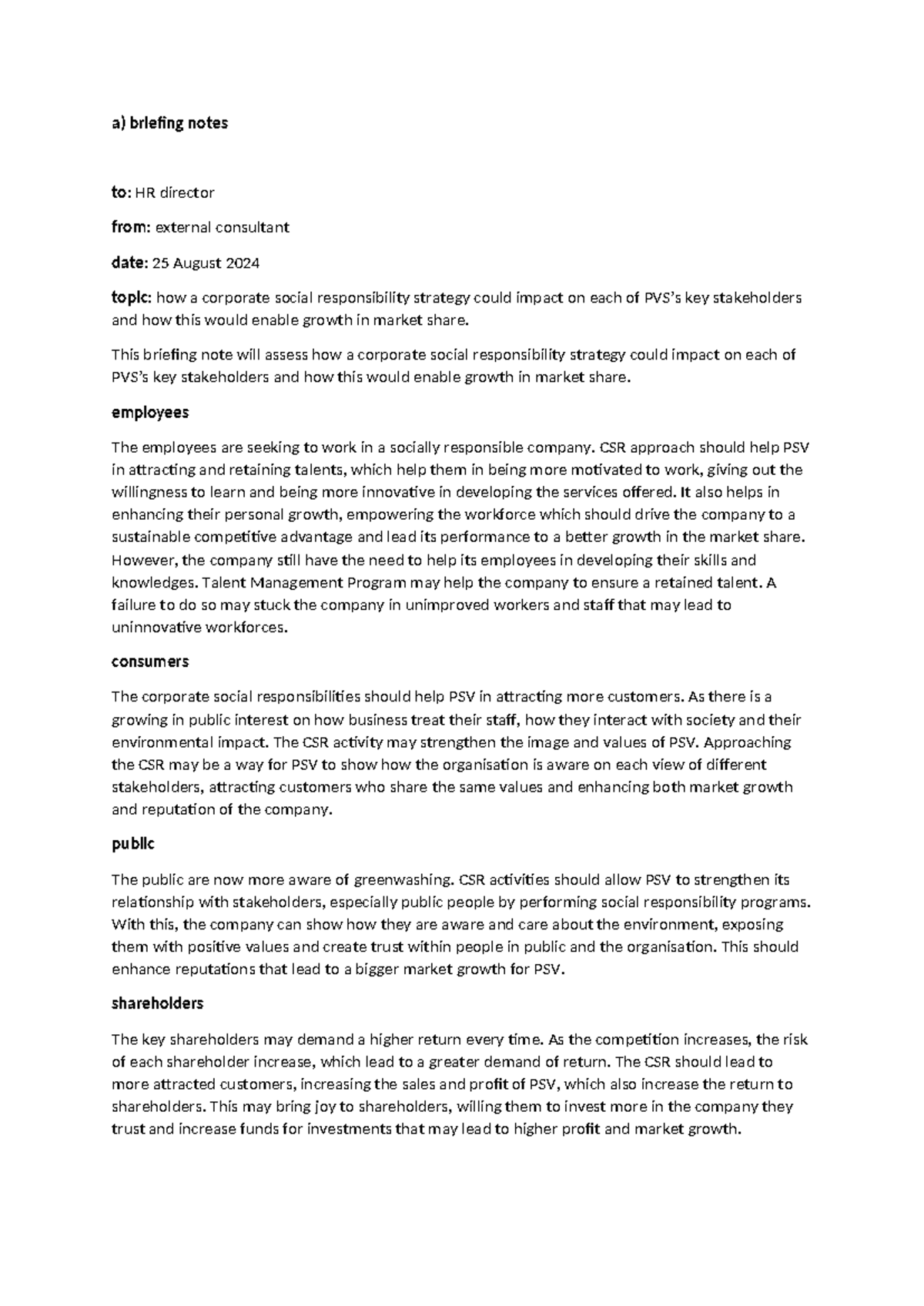 TASK 2 - SBL - a) briefing notes to: HR director from: external ...