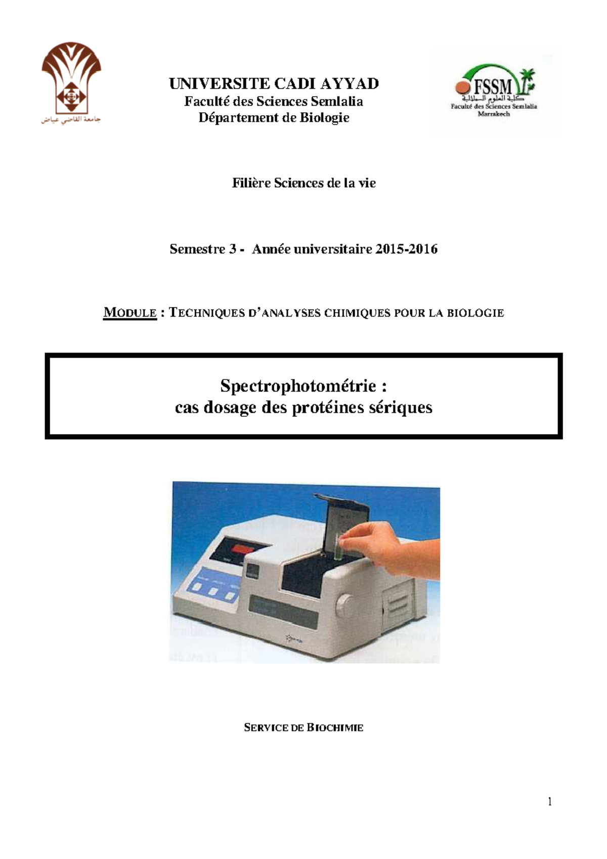 Biochimie techniques TP S3 polycopie - UNIVERSITE CADI AYYAD Faculté ...