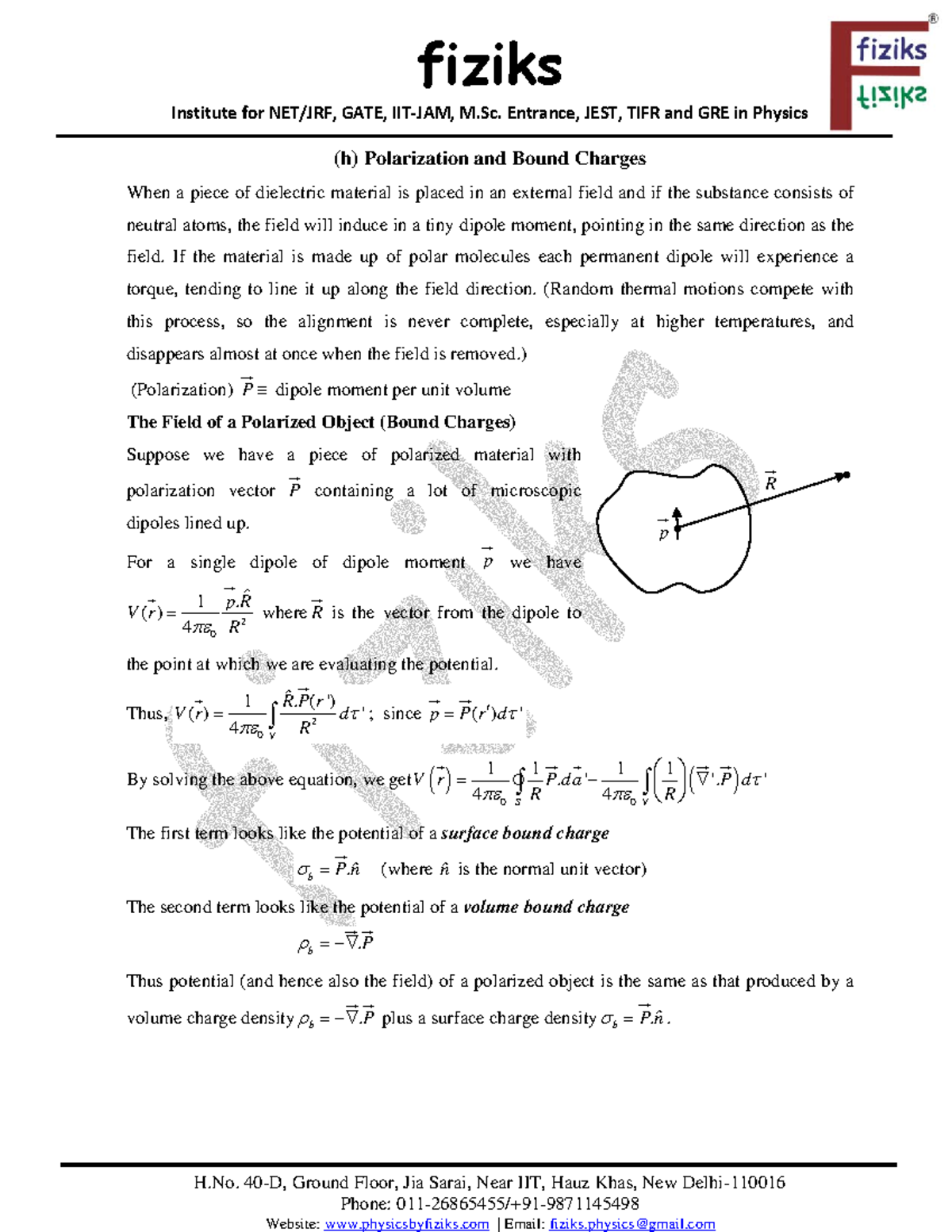 (h) Polarization and Bound Charges - fiziks Institute for NET/JRF, GATE, IIT‐JAM, M. Entrance ...