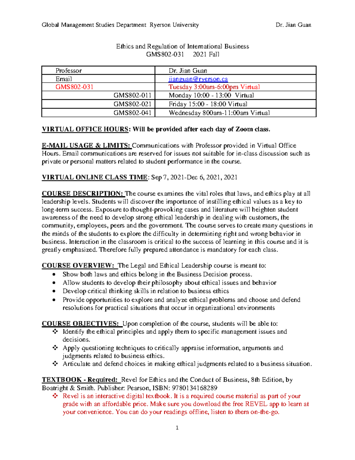 2021 F GMS 802-031 Course Outline - Ethics and Regulation of ...