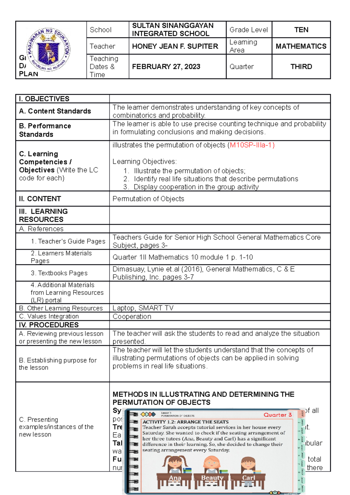 MATHEMATICS 10 - DAILY LESSON LOG - Grades 1 to 12 DAILY LESSON PLAN ...
