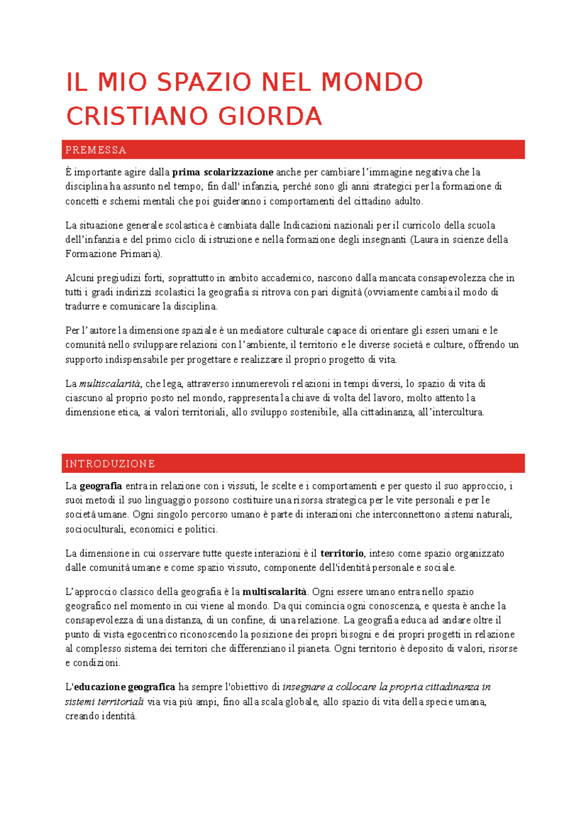 Il mio spazio nel mondo Giorda riassunto - IL MIO SPAZIO NEL MONDO ...