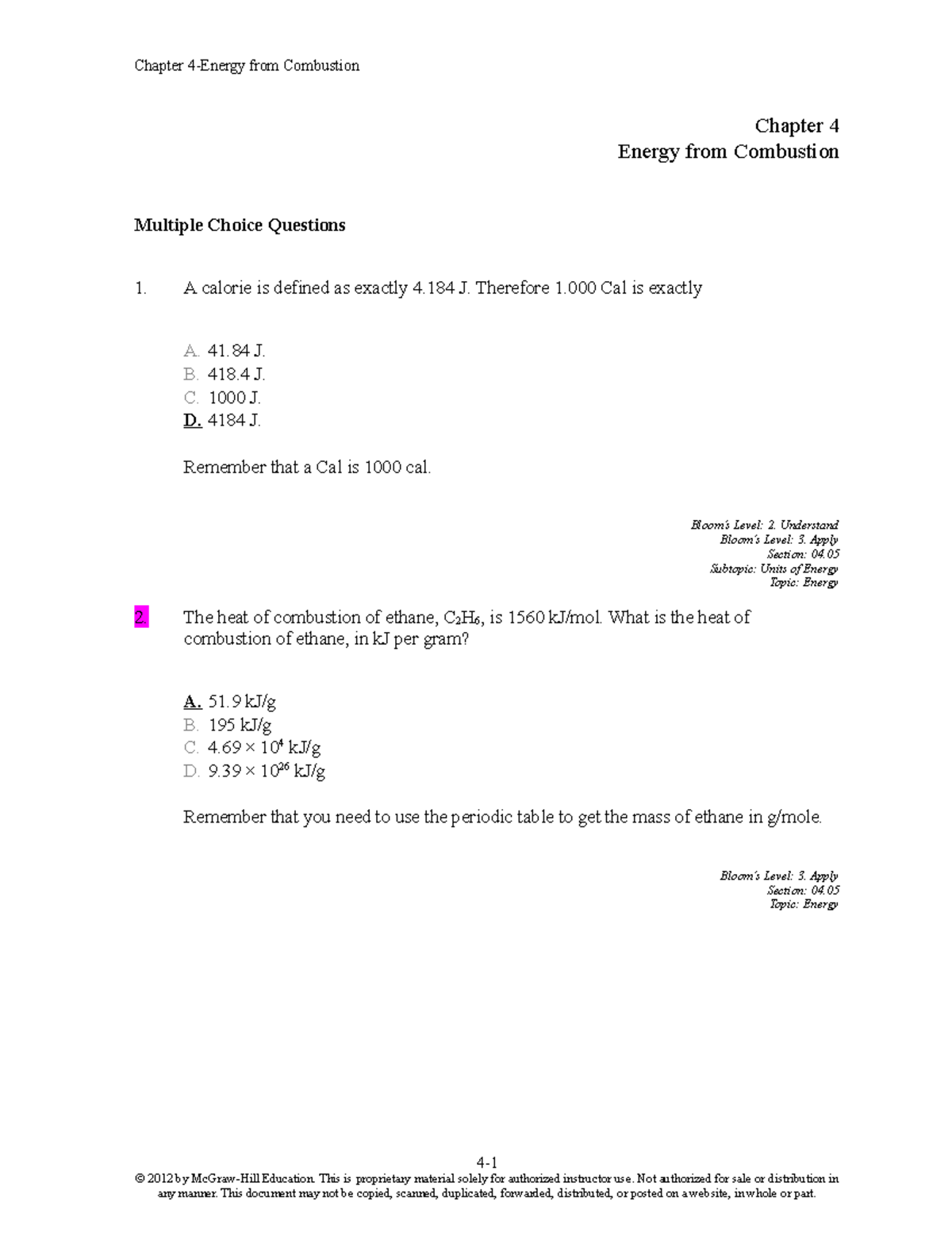 Chap004 - test bank - Chapter 4 Energy from Combustion Multiple Choice ...