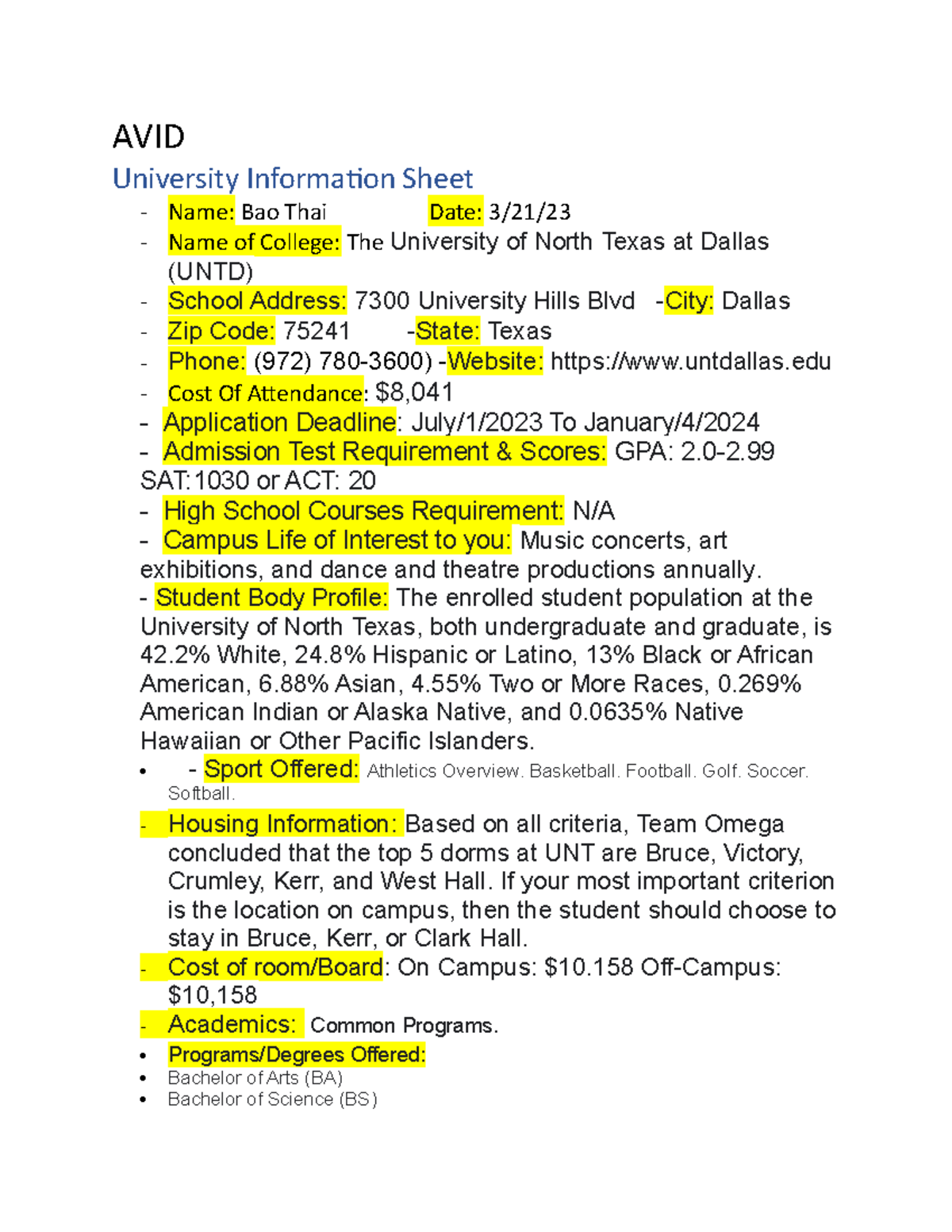 AVID - AVID - AVID University Information Sheet - Name: Bao Thai Date ...