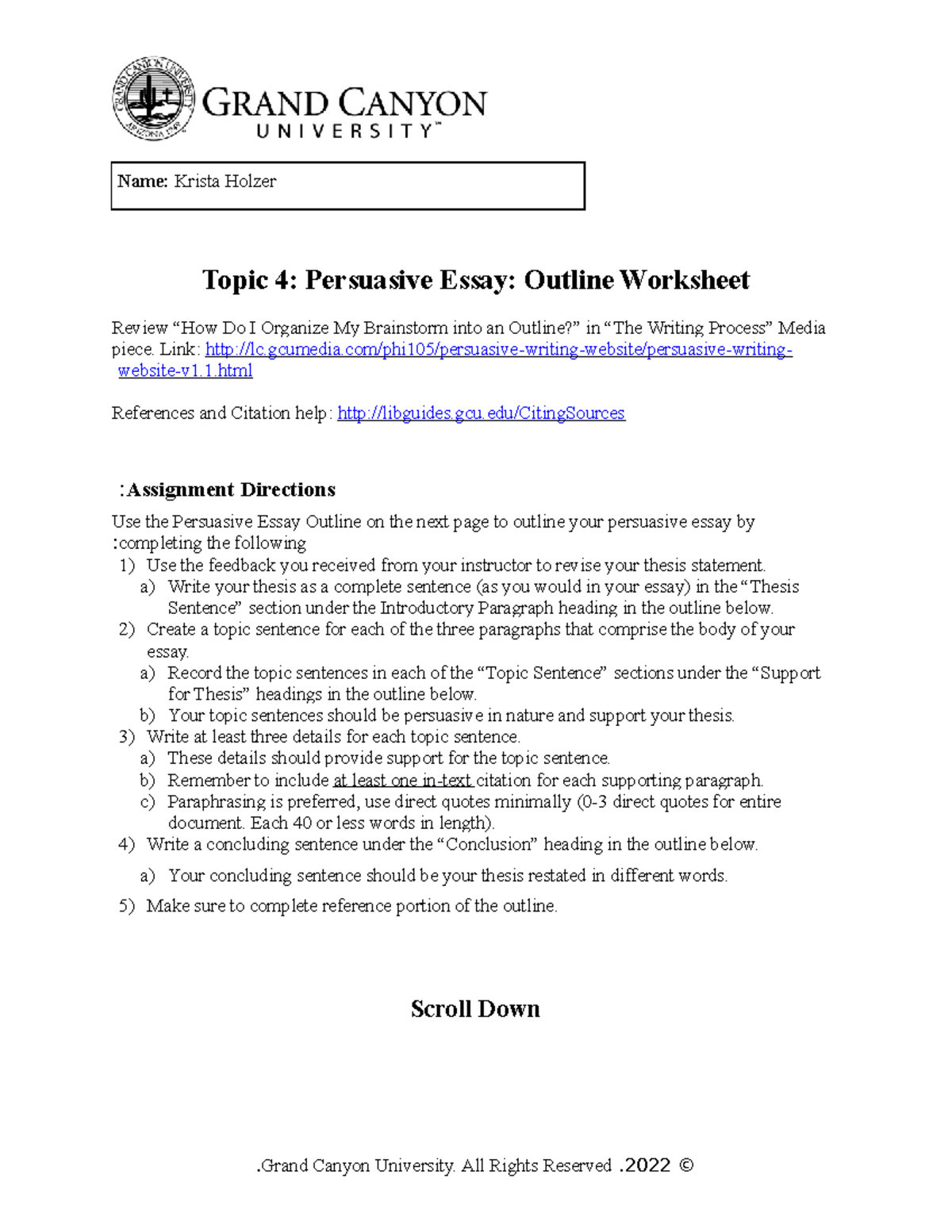 PHI105 T4 Outline Worksheet Persuasive Essay Planning copy - Name ...