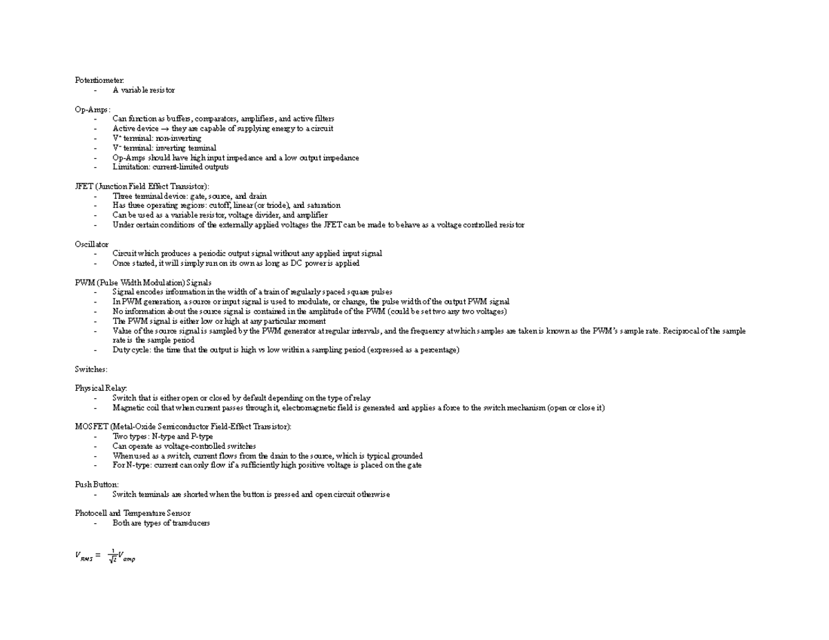 ECE Lab Exam Prep - Potentiometer: - A variable resistor Op-Amps: - Can ...