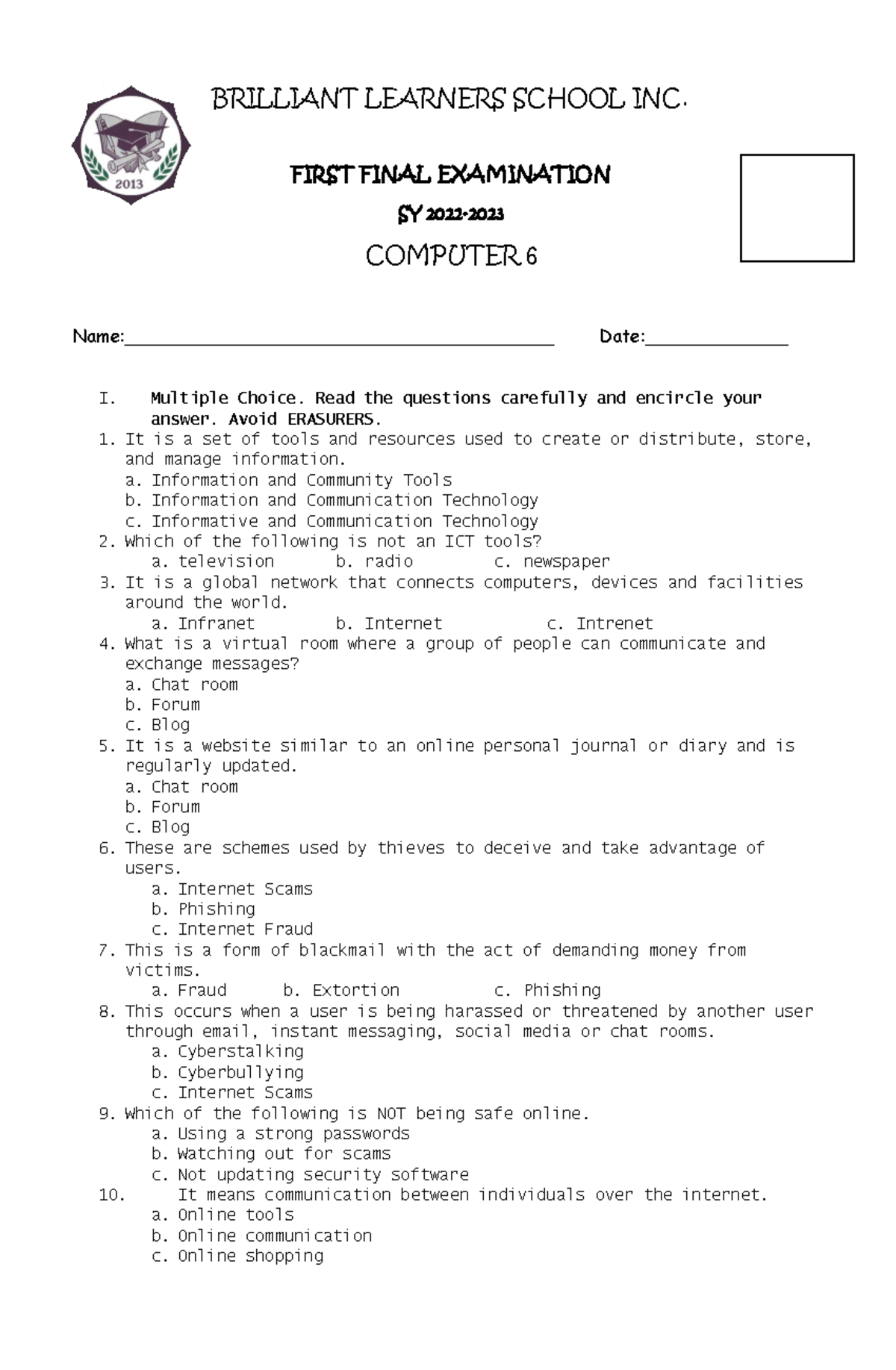 Grade 6 Ict Papers English Medium 1St Term at Callum Hale blog