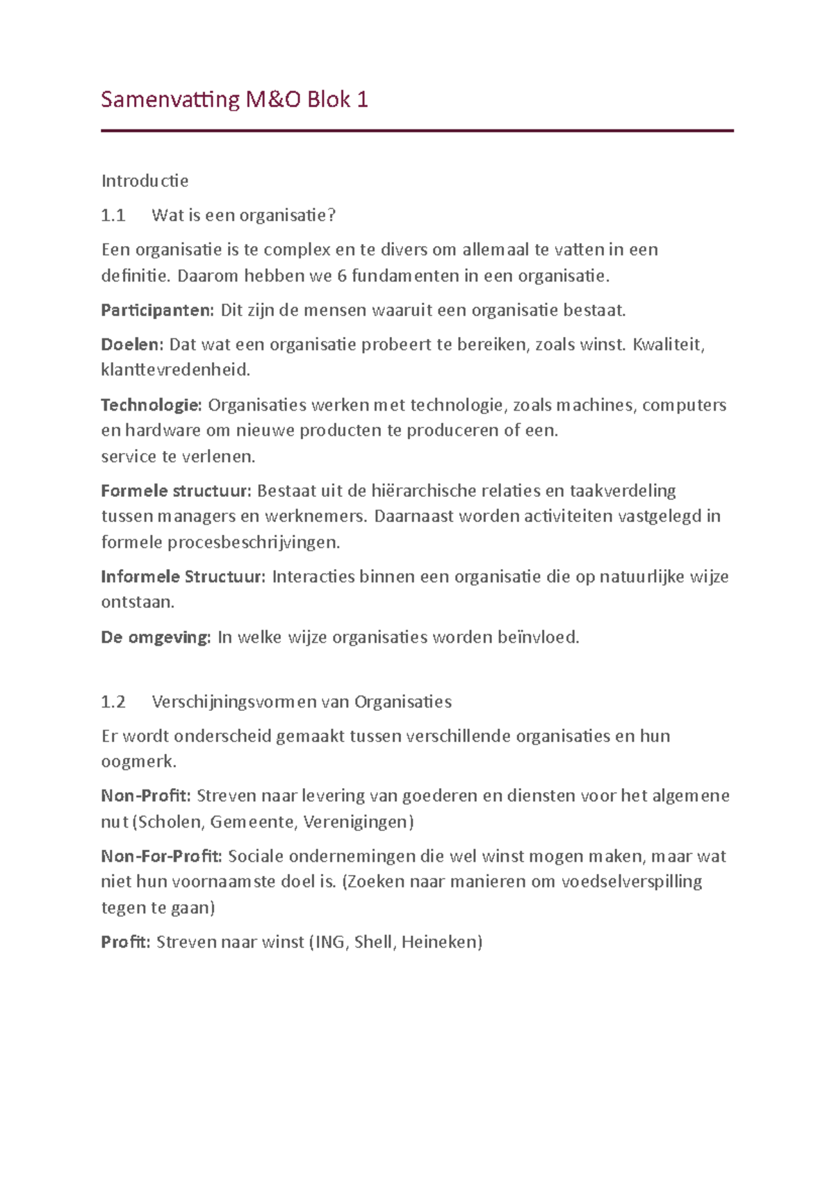 Samenvatting myedumundo management en organisatie blok 1 AAFM ...