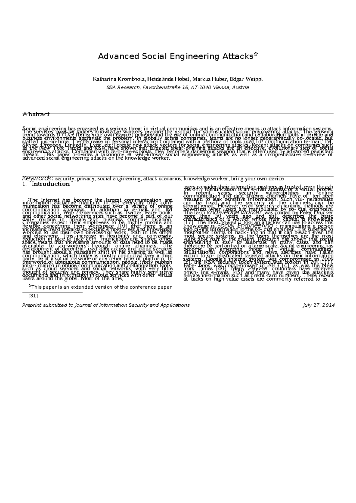 Advanced social engineering attacks - Advanced Social Engineering Attacks Katharina Krombholz ...