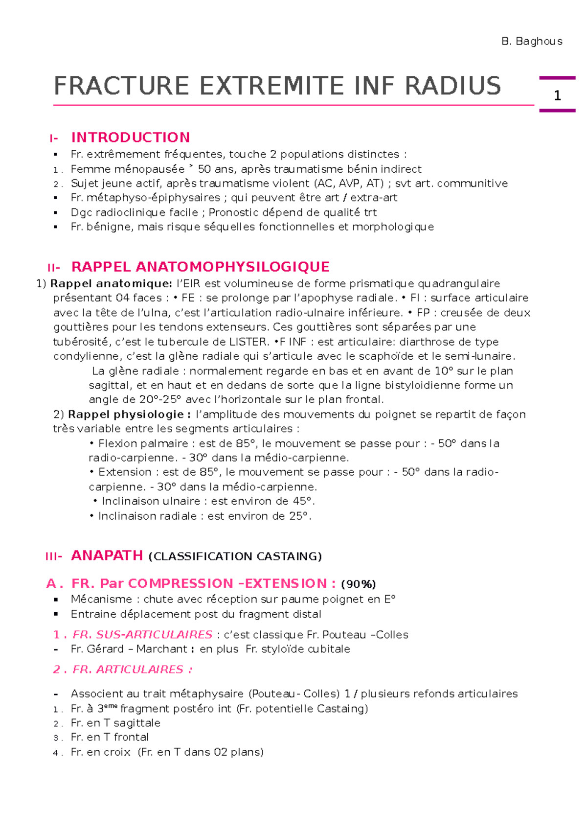 FEIR - resumé - FRACTURE EXTREMITE INF RADIUS I- INTRODUCTION Fr ...