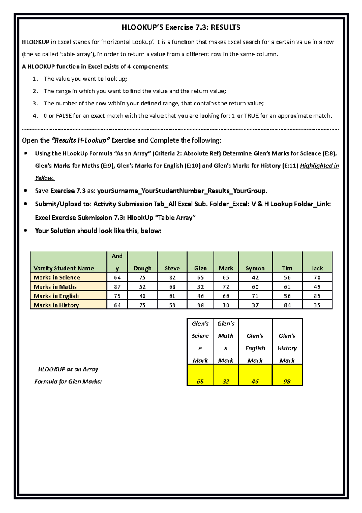 Exe 7 - HLOOKUP exrcises - HLOOKUP’S Exercise 7: RESULTS HLOOKUP in ...