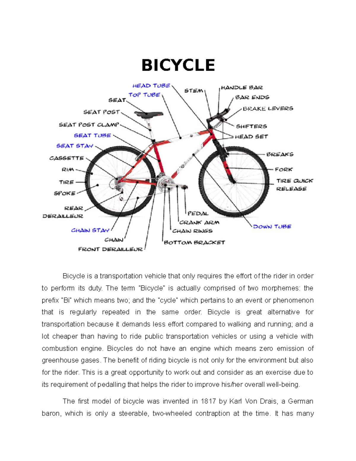 Description of a Mechanism - BICYCLE Bicycle is a transportation ...