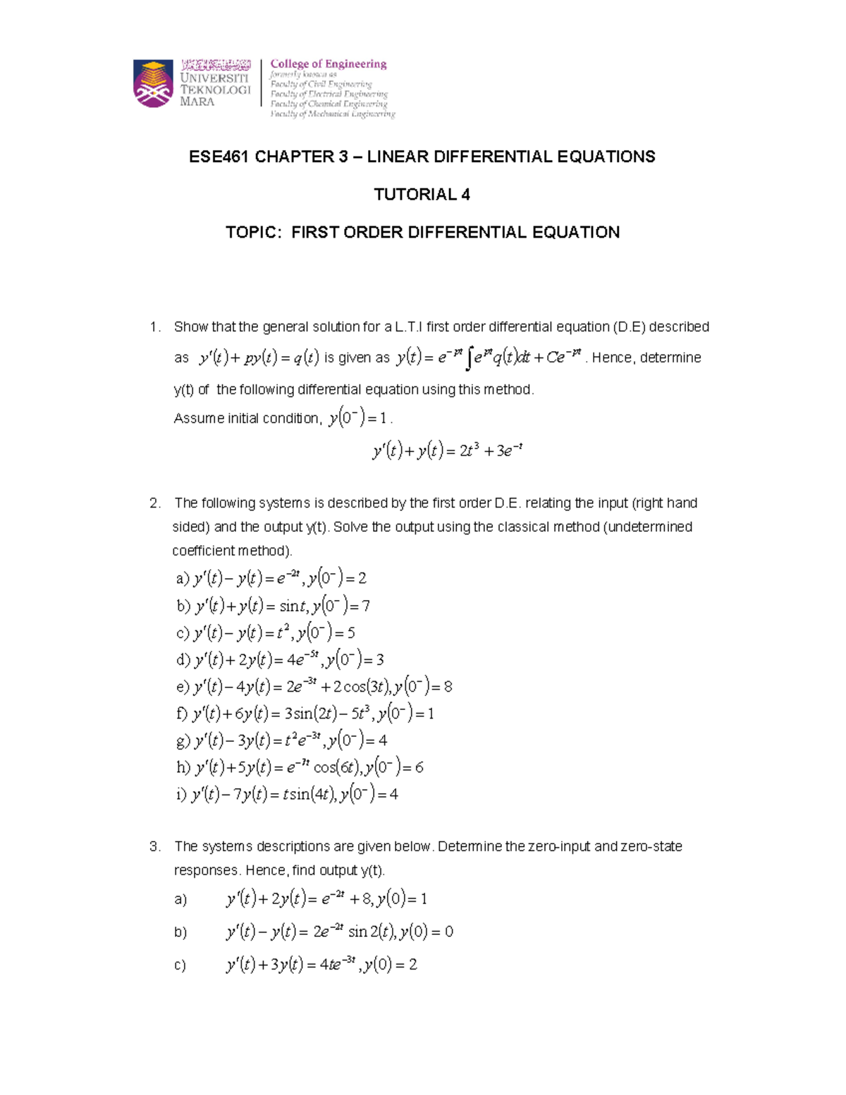 Tutorial 4 ESE461 - ESE461 CHAPTER 3 – LINEAR DIFFERENTIAL EQUATIONS ...
