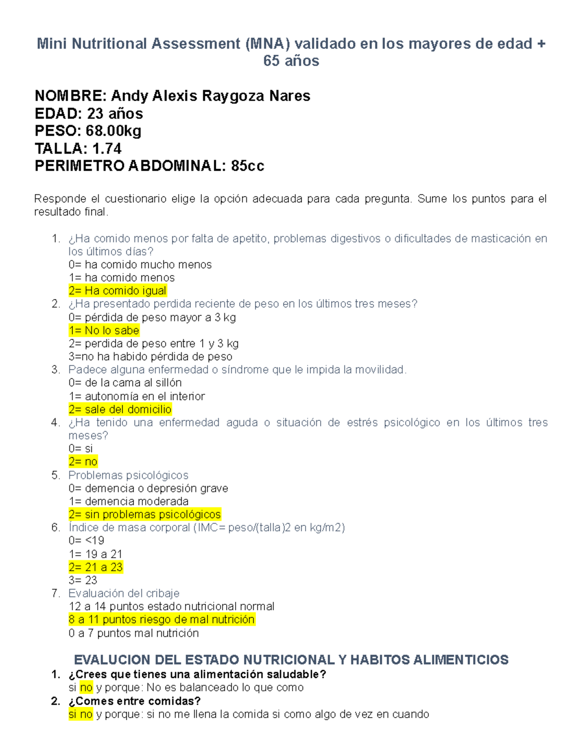 Encuesta Nutricion - Mini Nutritional Assessment (MNA) validado en los ...