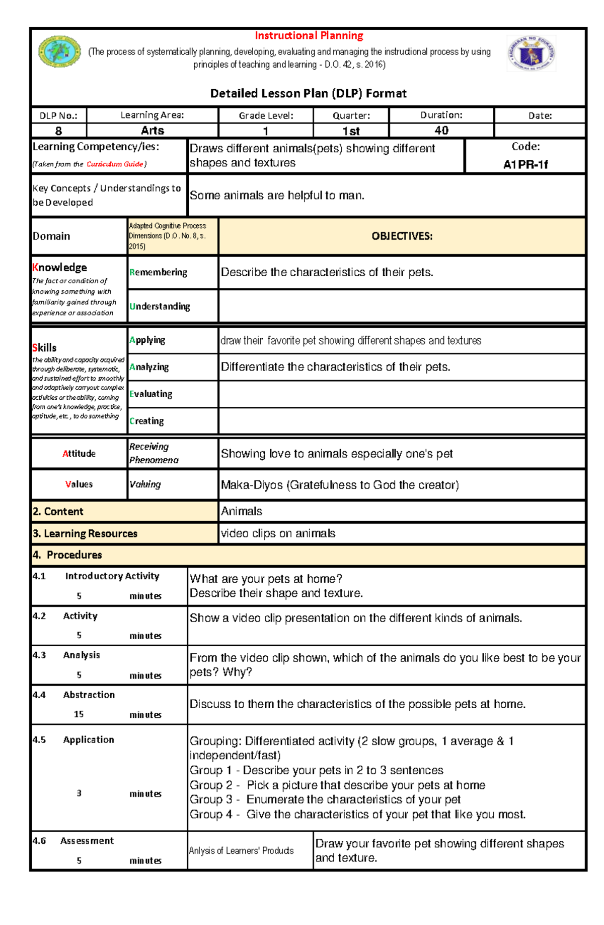 Mapeh 1-art-dlp 8 - Learning Materials - DLP No.: Grade Level: Quarter ...