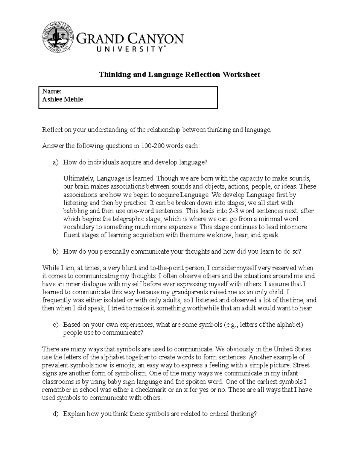 AM Thinkingand Language Reflection Worksheet - Thinking and Language ...
