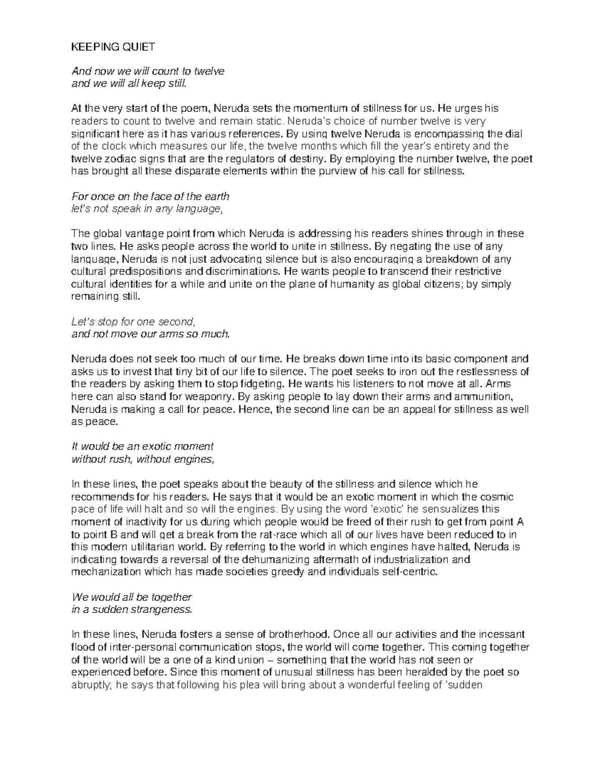 Keeping Quiet - details of each stanza - KEEPING QUIET And now we will ...