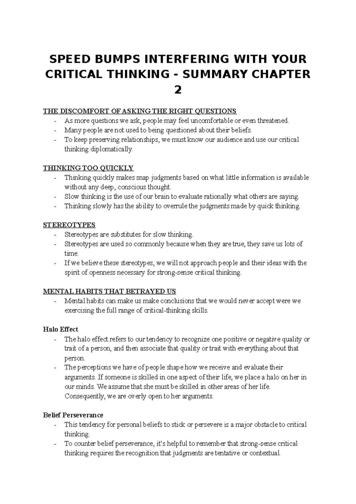 Summary chapter 2 - SPEED BUMPS INTERFERING WITH YOUR CRITICAL THINKING ...