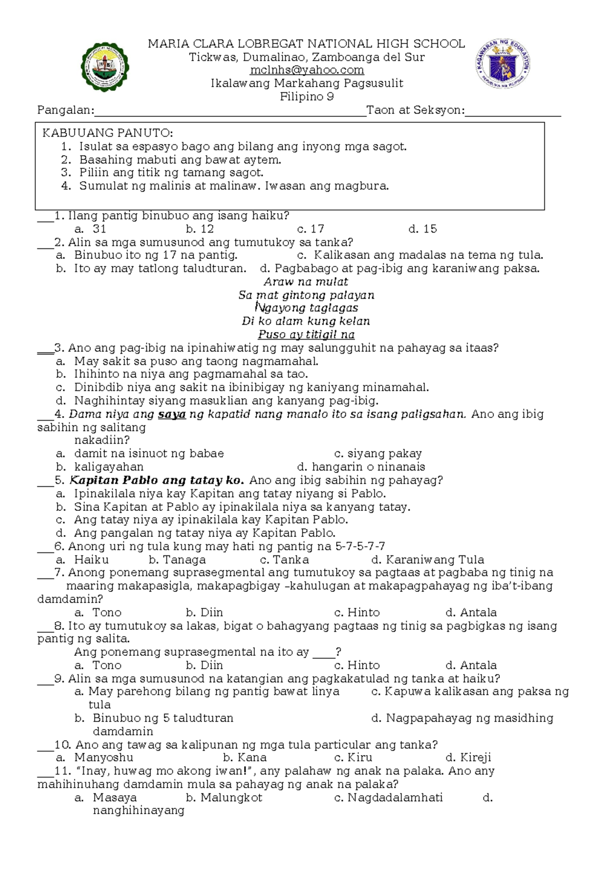 Filipinoexam - MARIA CLARA LOBREGAT NATIONAL HIGH SCHOOL Tickwas ...