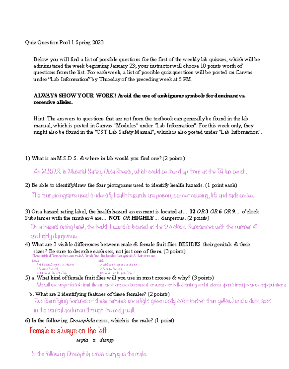 Quiz 1 Pool Questions - Quiz Question Pool 1 Spring 2023 Below you will ...