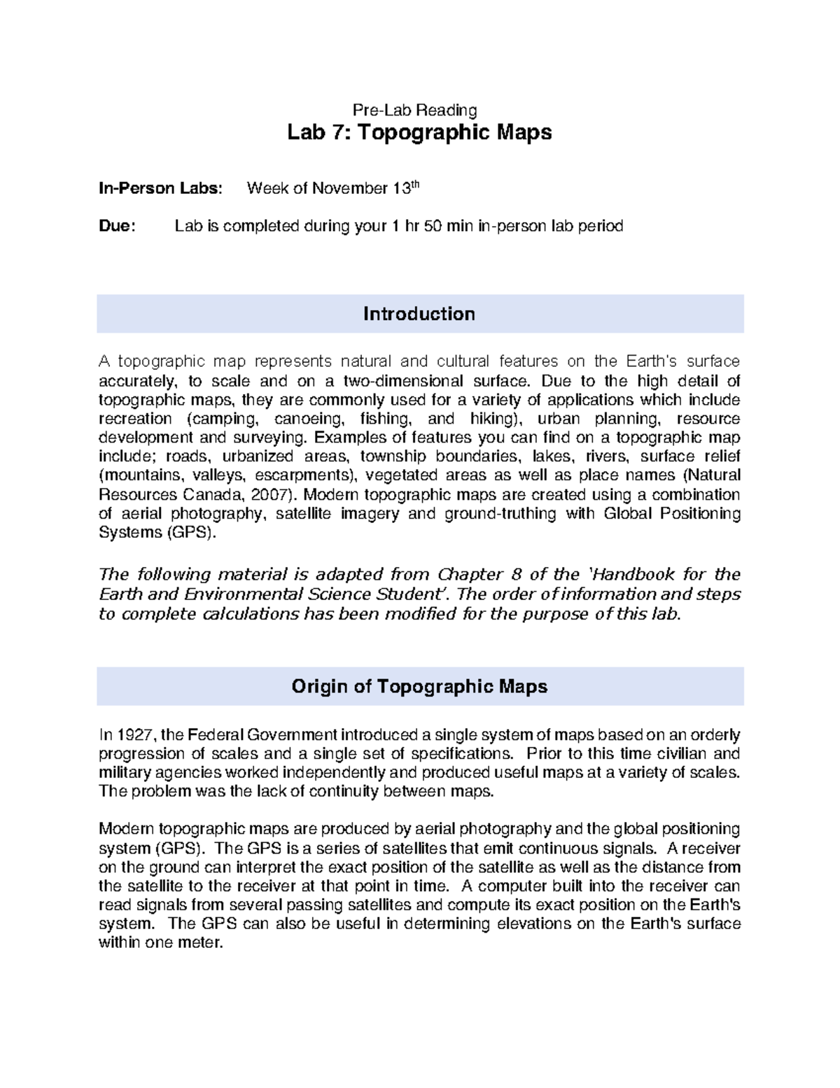 Lab 7 - Understanding Topographic Maps - Pre-Lab Reading 1 - Pre-Lab ...