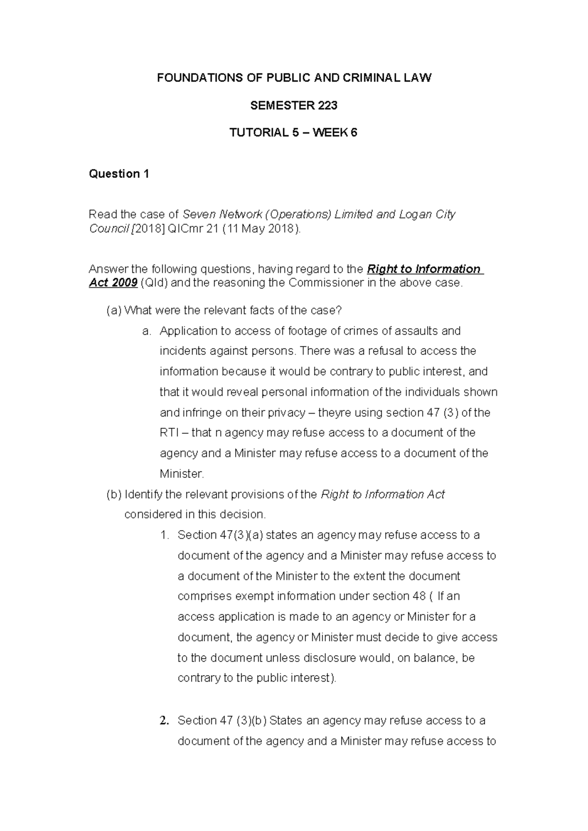 Tutorial 5 - week 6 - FOUNDATIONS OF PUBLIC AND CRIMINAL LAW SEMESTER ...
