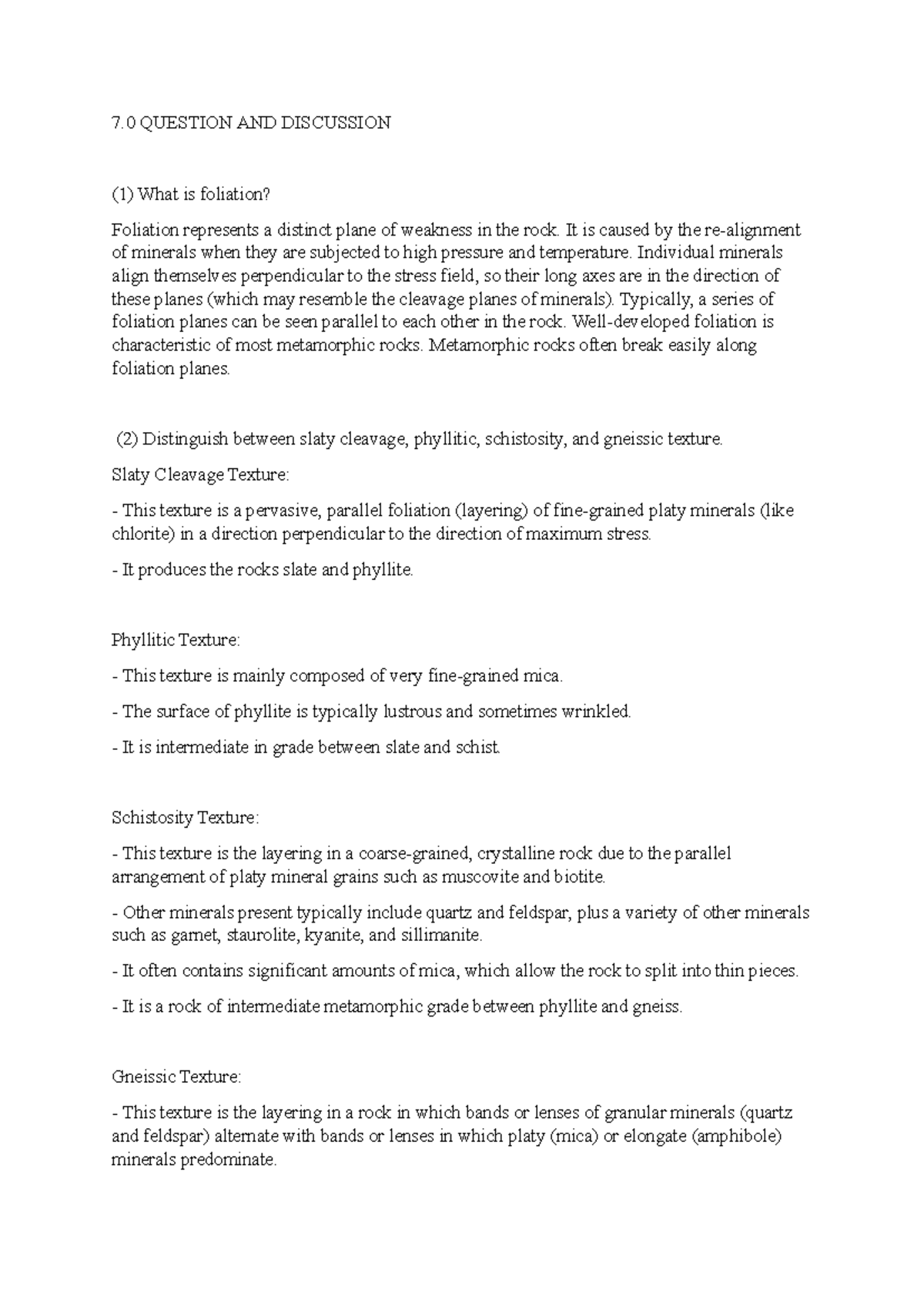 LAB 1D Discussion - METAMORPHIC ROCKS - 7 QUESTION AND DISCUSSION (1 ...
