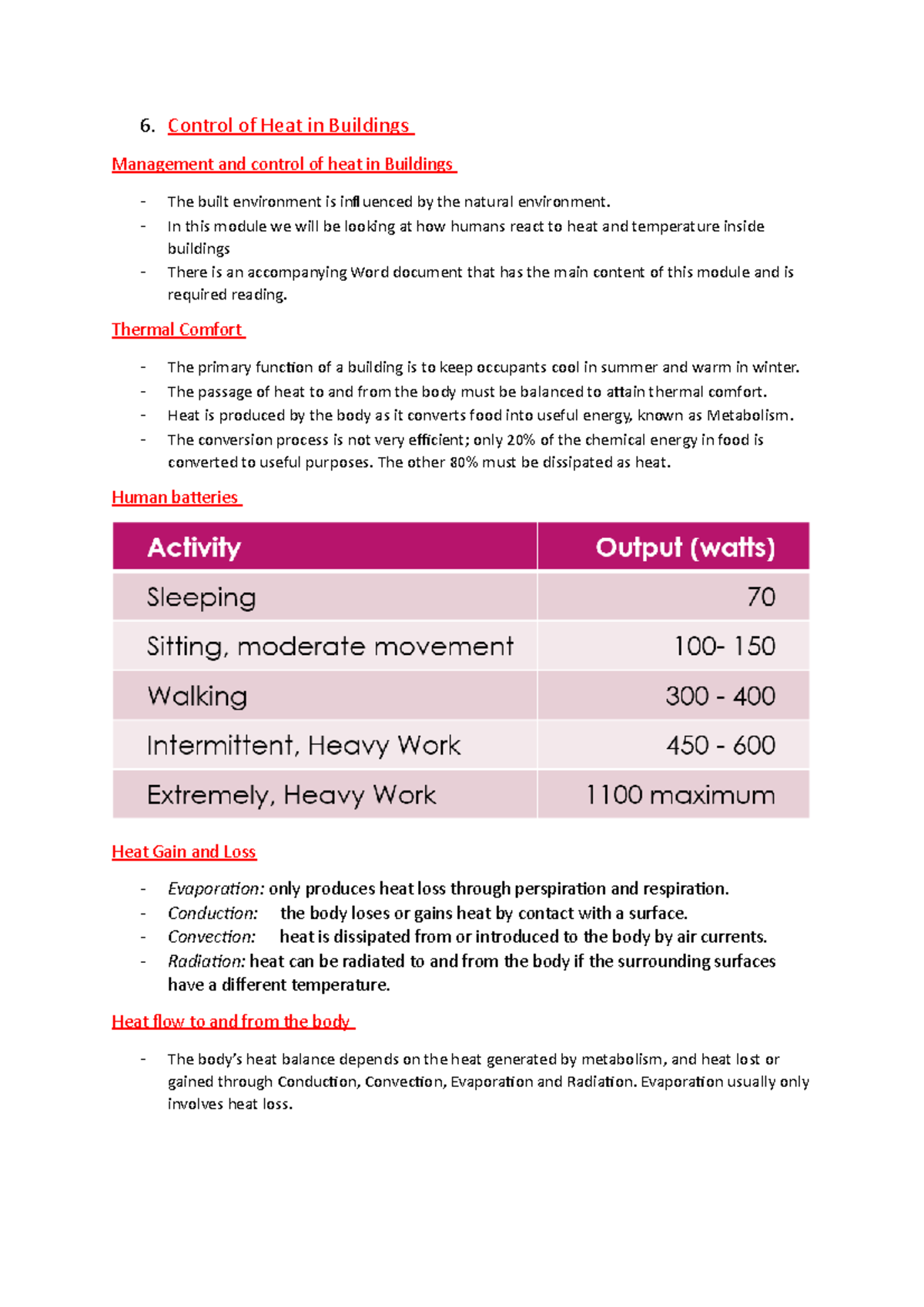 Notes 6-9 - 6. Control of Heat in Buildings Management and control of ...