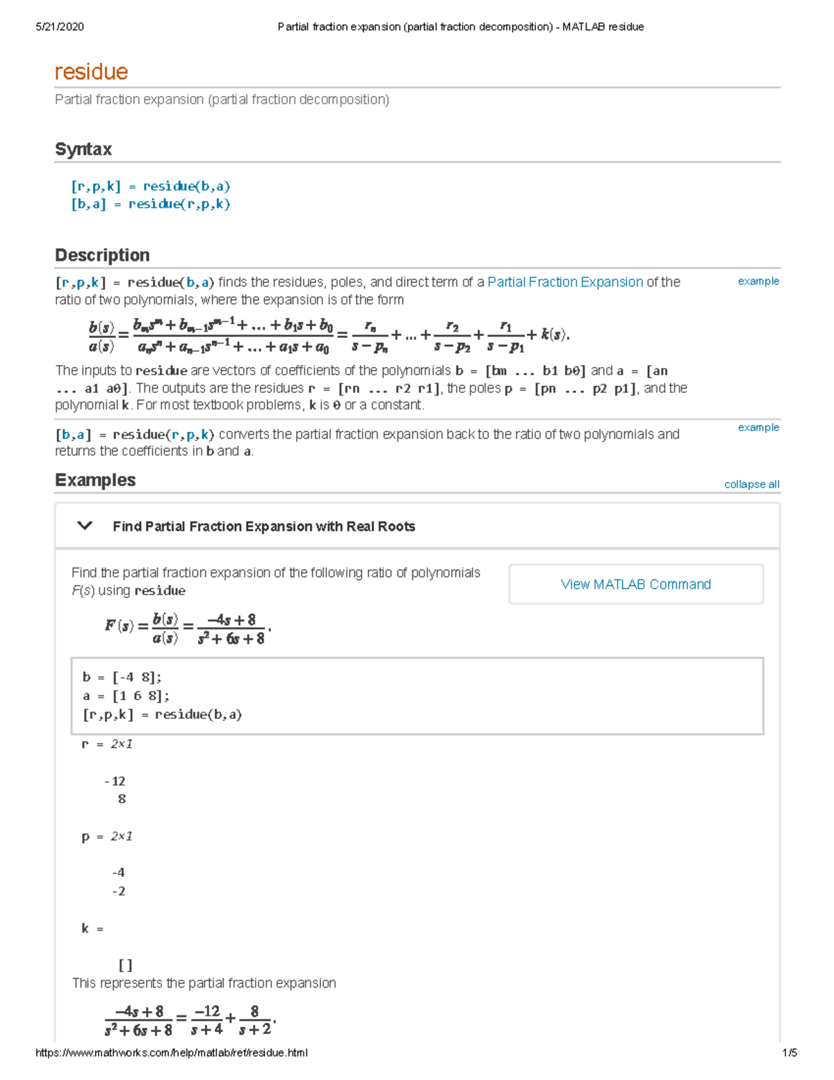 Partial fraction expansion (partial fraction decomposition) - Matlab ...